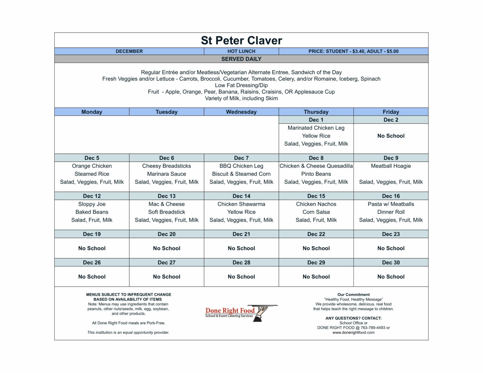 December Menus - St. Peter Claver Catholic School