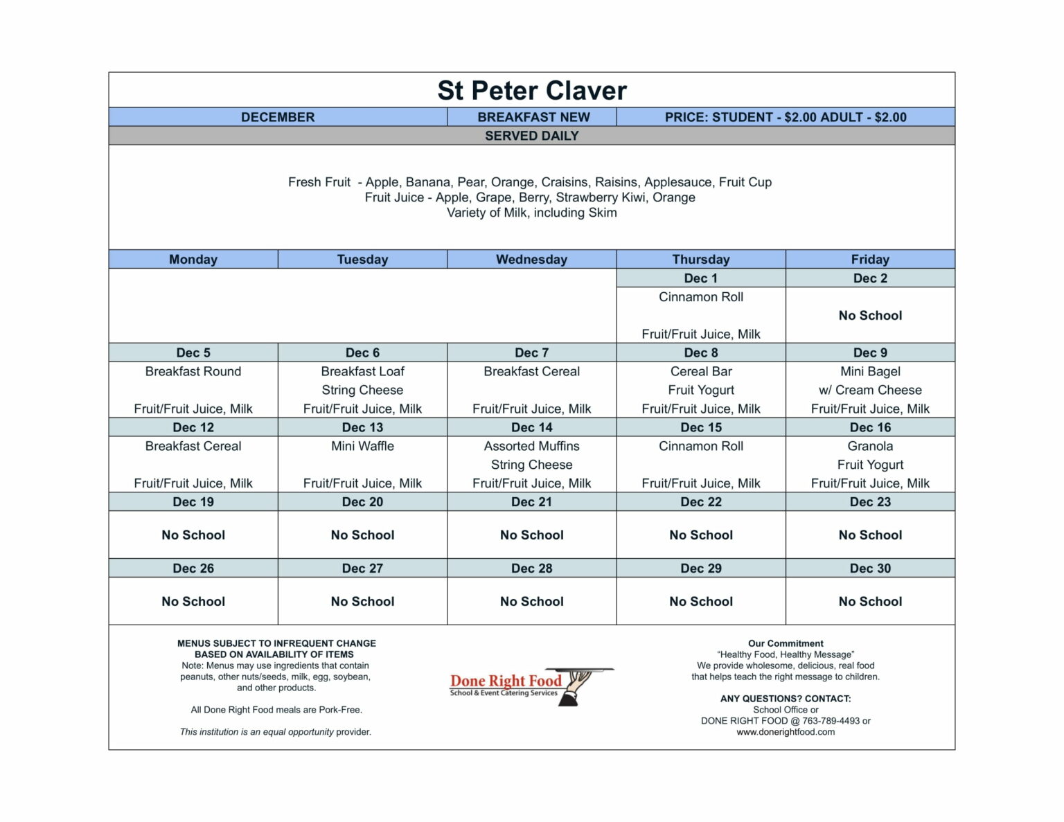 December Menus - St. Peter Claver Catholic School