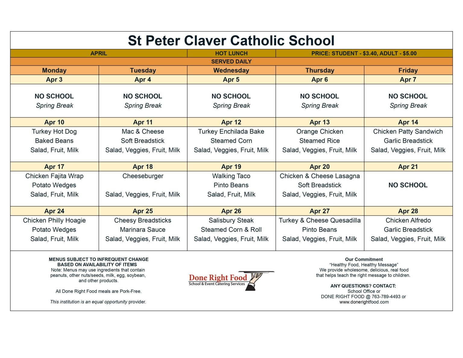 April Menus - St. Peter Claver Catholic School